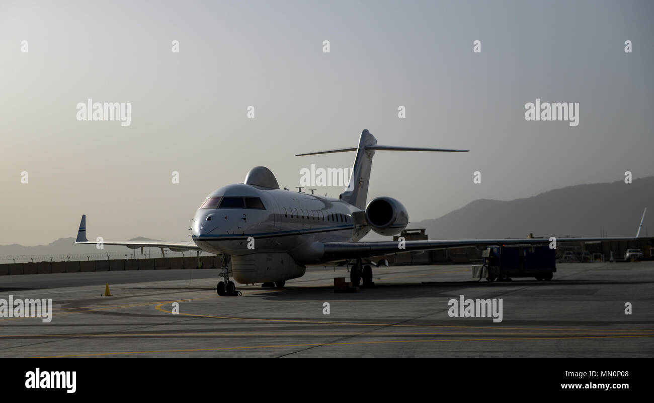 An E-11 Battlefield Airborne Communications Node sits on the flightline ...