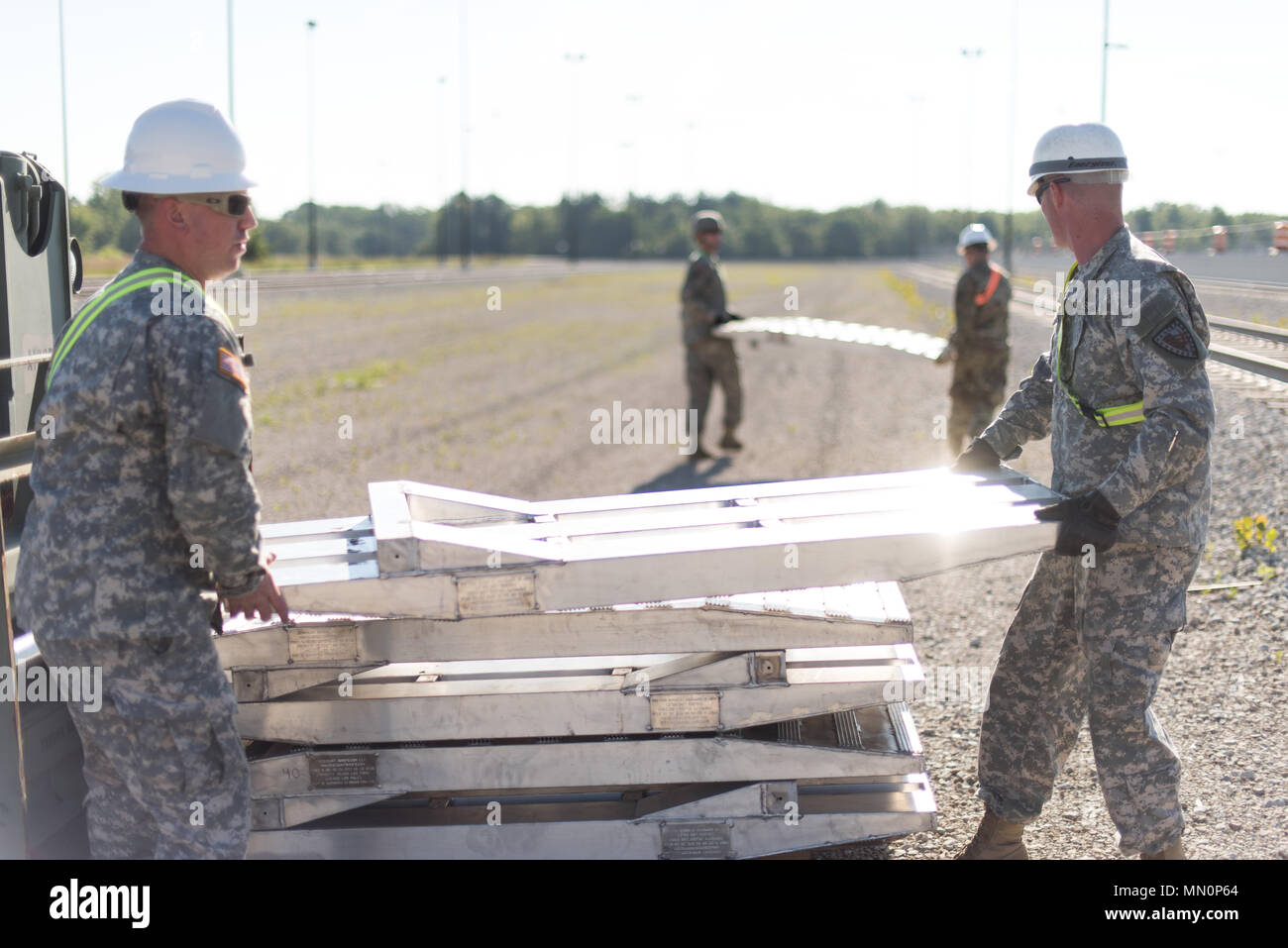 Soldiers with the 38th Sustainment Brigade set up rail car spanners at ...