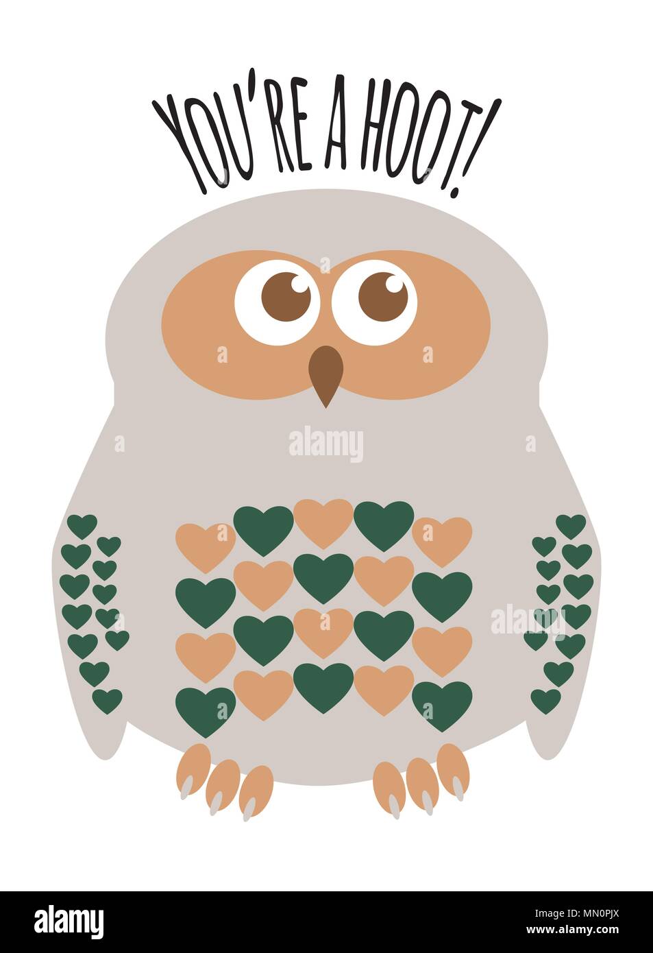 Owl cute character with hearts for feathers greeting card with text ...