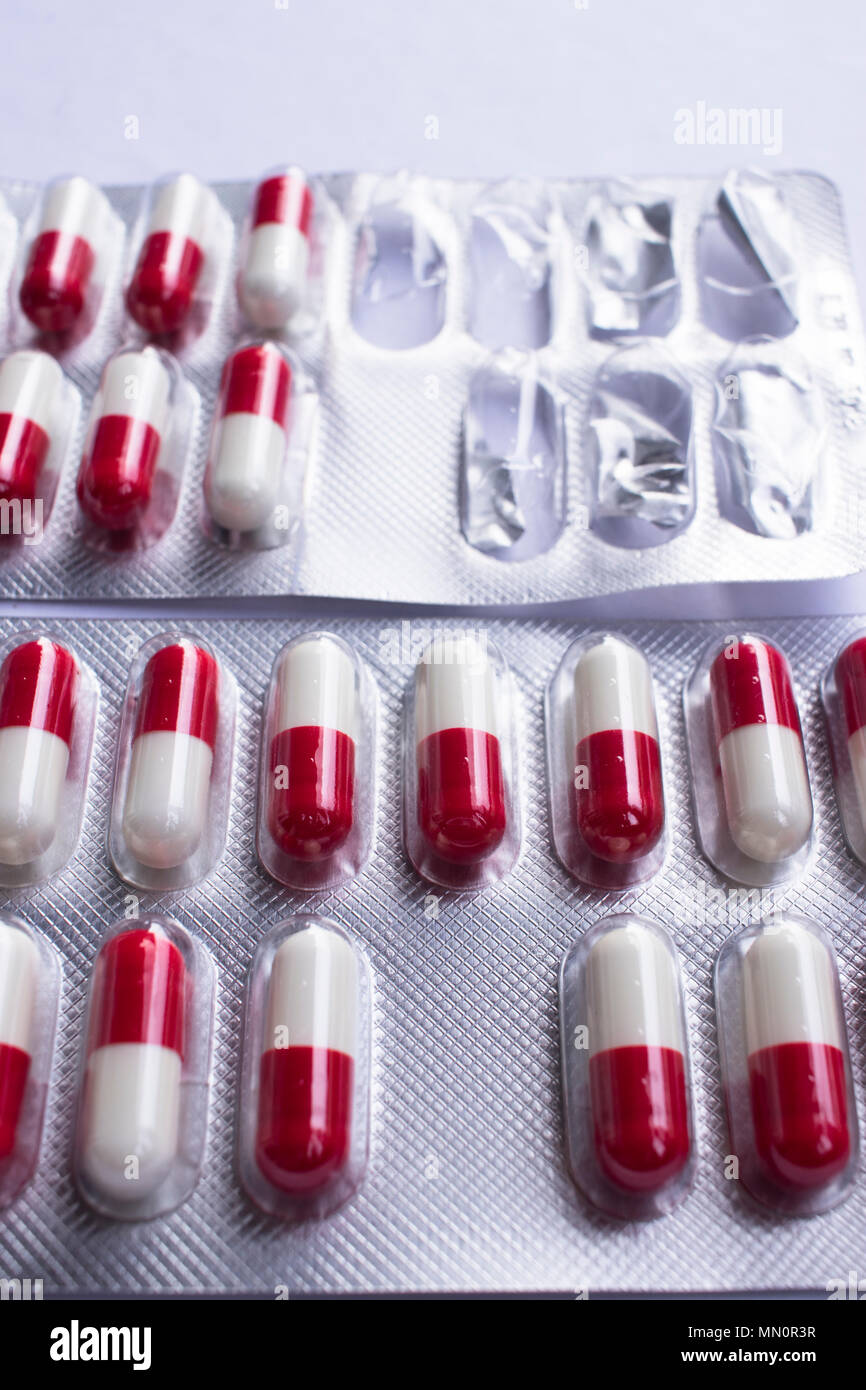 Medical prescription drug pills blister pack of red and white ...