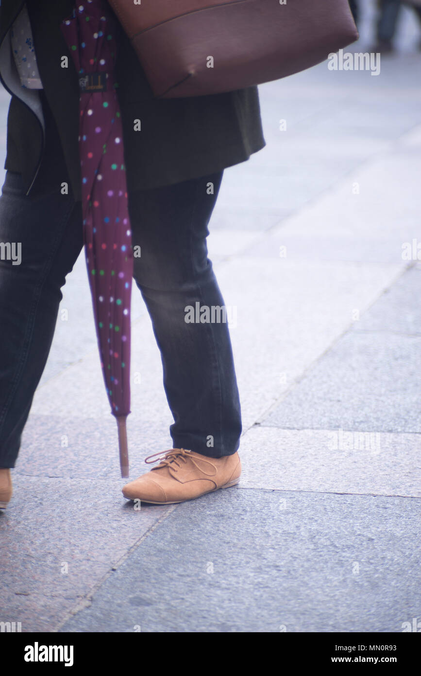 People walking in busy urban city shopping street sidewalk pavement ...