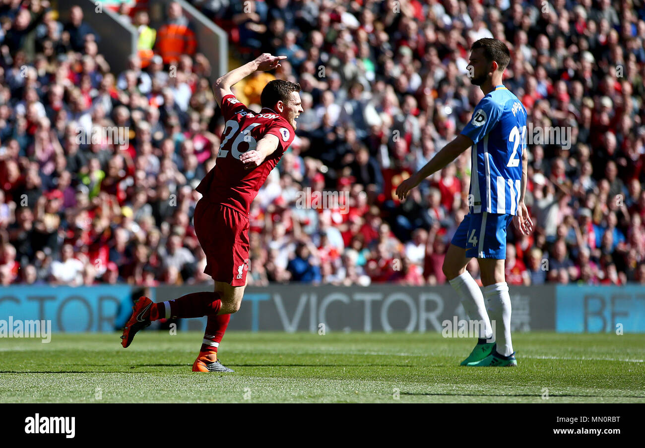 Liverpool's Andrew Robertson celebrates scoring his side's fourth goal ...