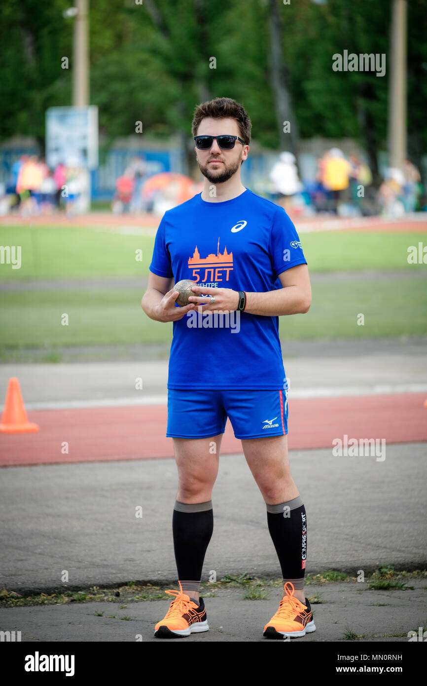 Russian athlete Andrey Domarev throws a metal ball for bocce volo Stock ...