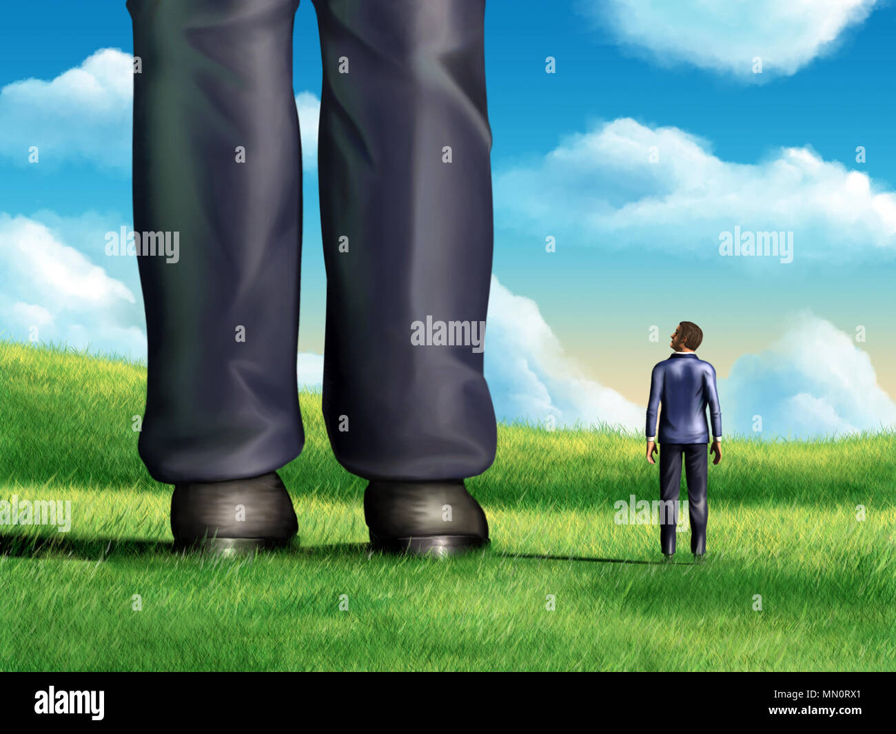 A regular-sized businessman is looking at the giant legs of a ...