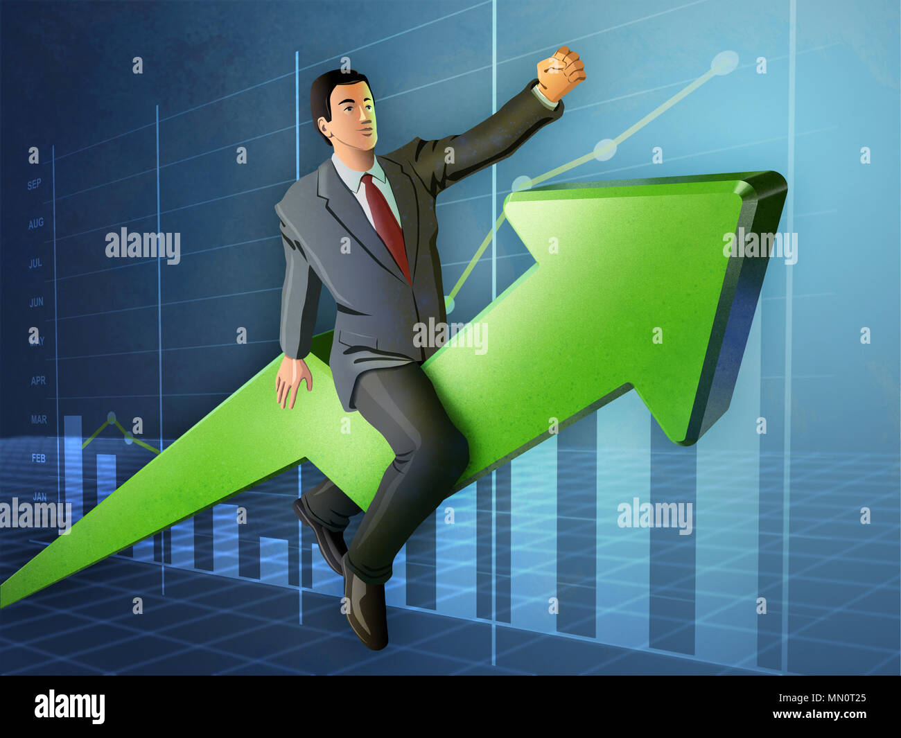 Businessman riding a rising graph arrow. Digital illustration Stock ... Businessman riding a rising graph arrow. Digital illustration Stock ...