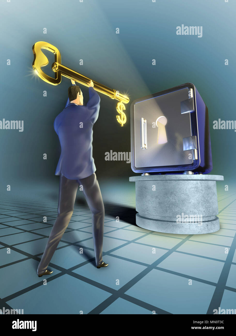 Businessman with a giant golden key is trying to open a safe. Digital ...