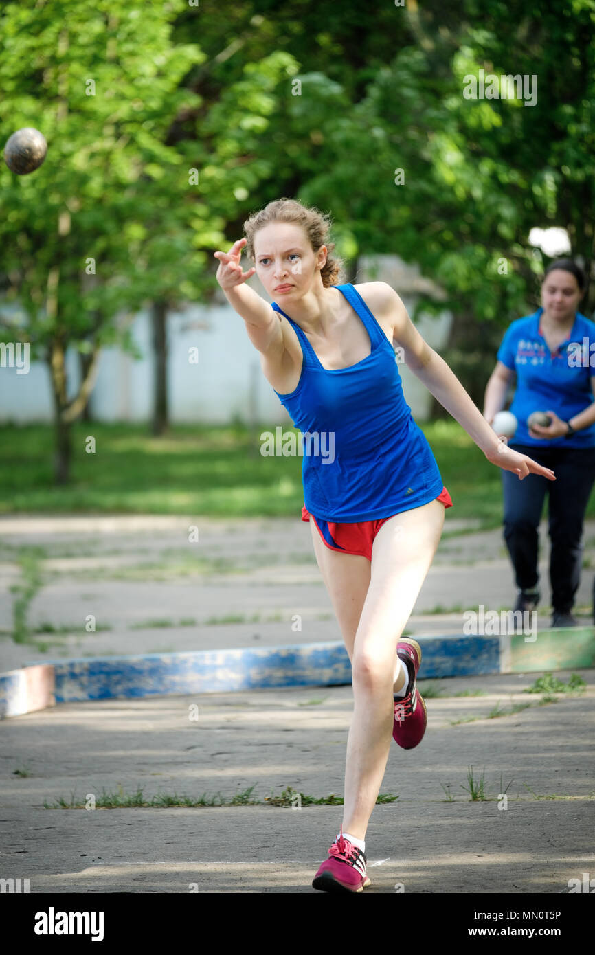 Russian athlete Yulia Shafenkova throws a metal ball for bocce volo ...