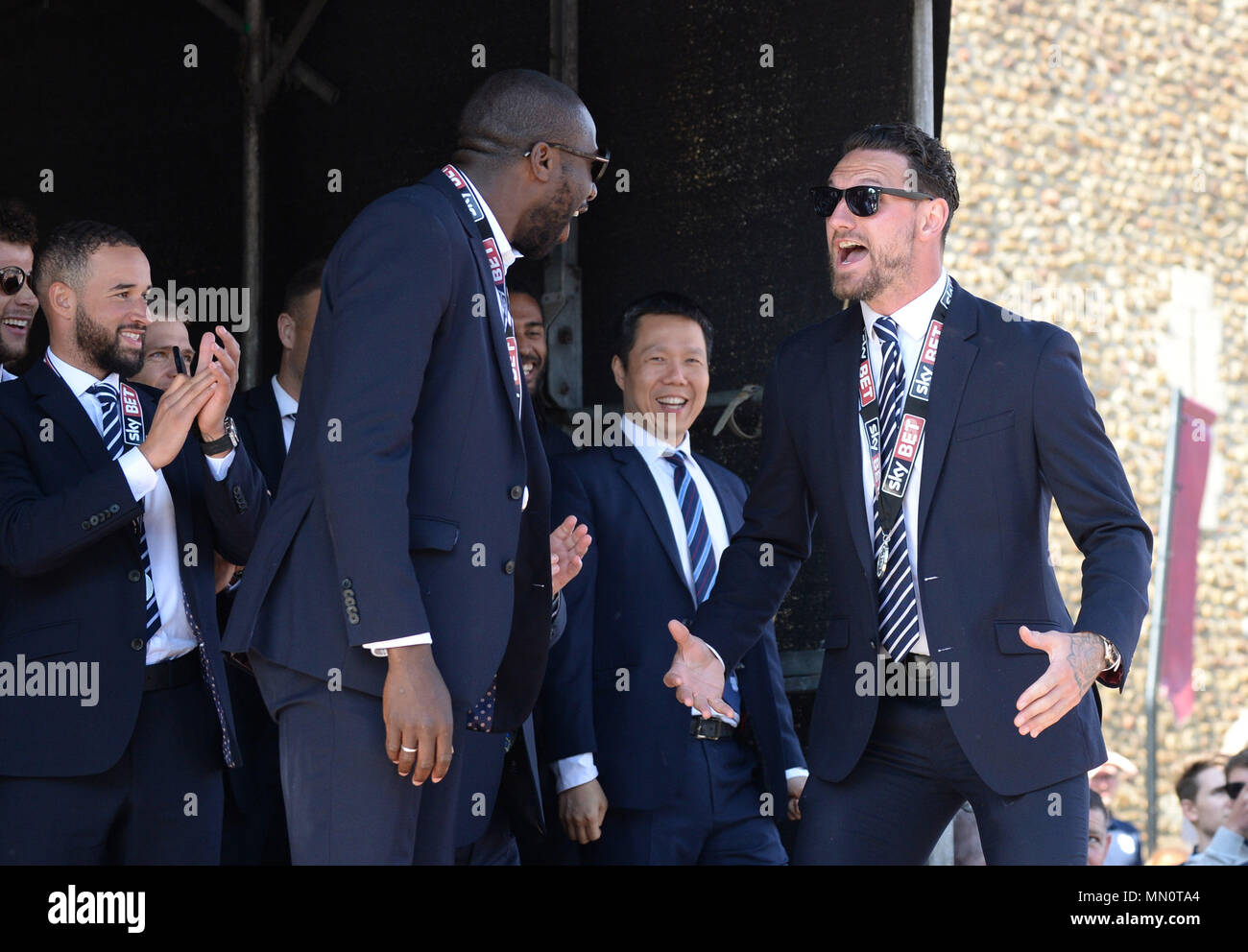 Cardiff City players Sol Bamber and Sean Morrison during the promotion ...