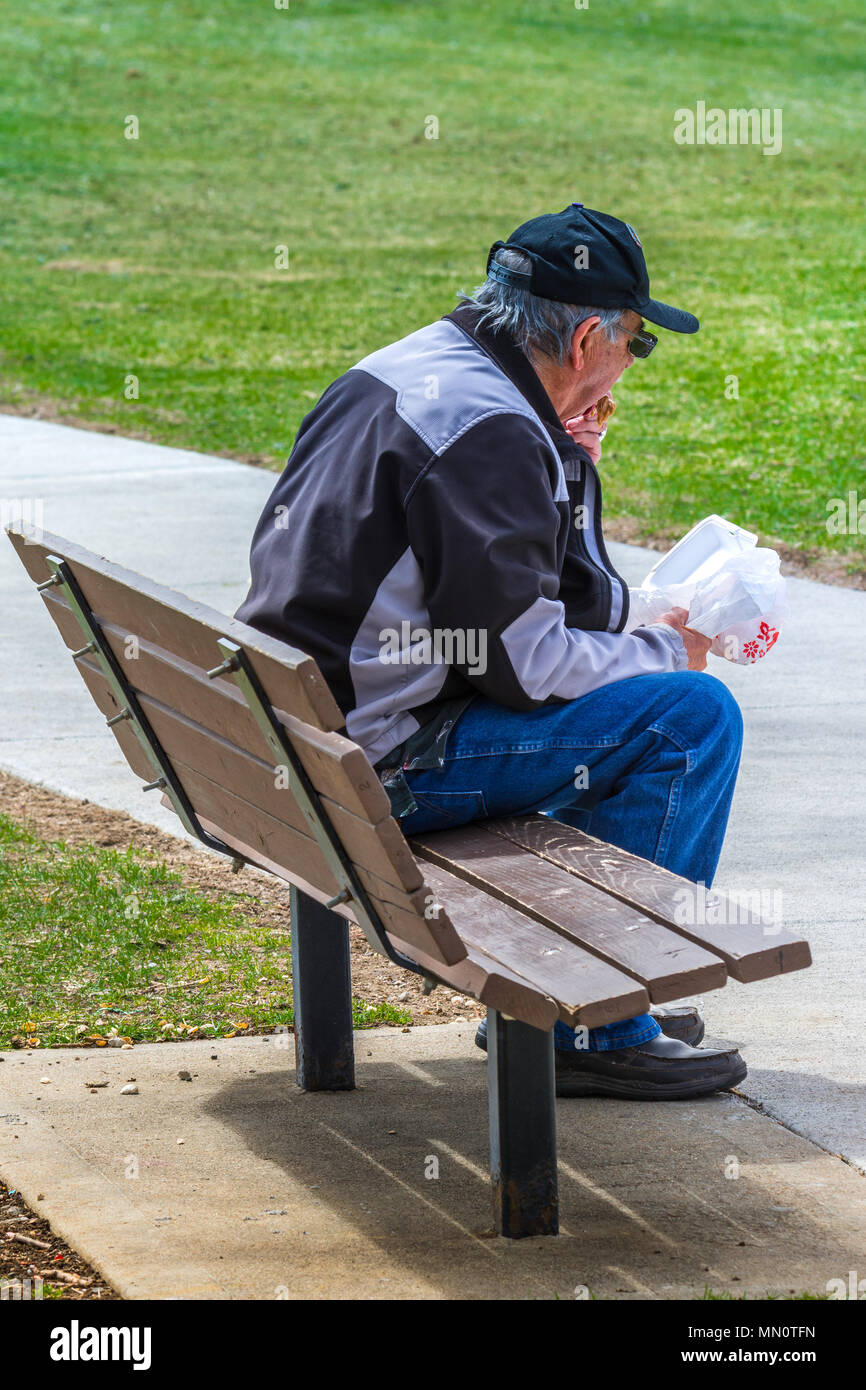 Man on bench eating, O'Kane Park, Lakewood, Colorado, USA Stock Photo ...
