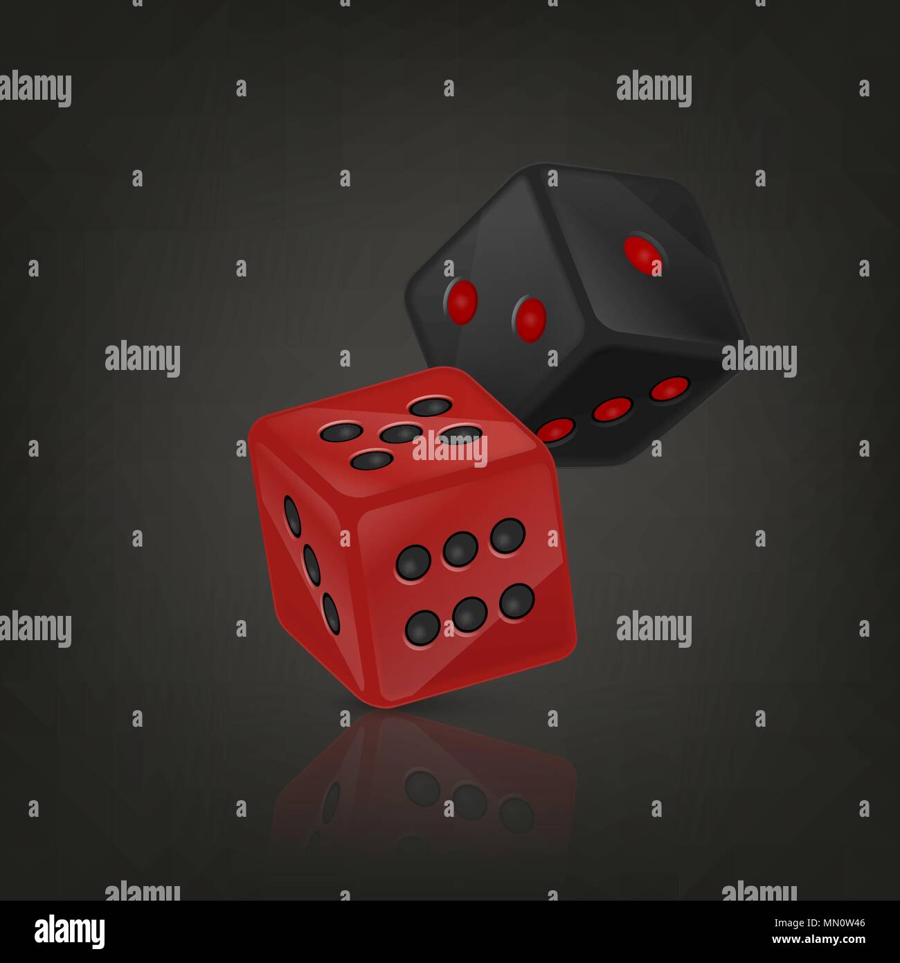 Vector illustration of red and black realistic game dice icon in flight ...