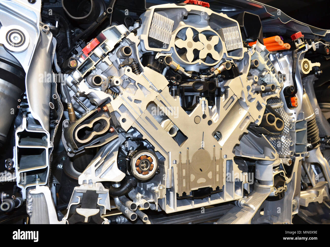 Cross section of a car motor presented at the Volkswagen Autostadt ...