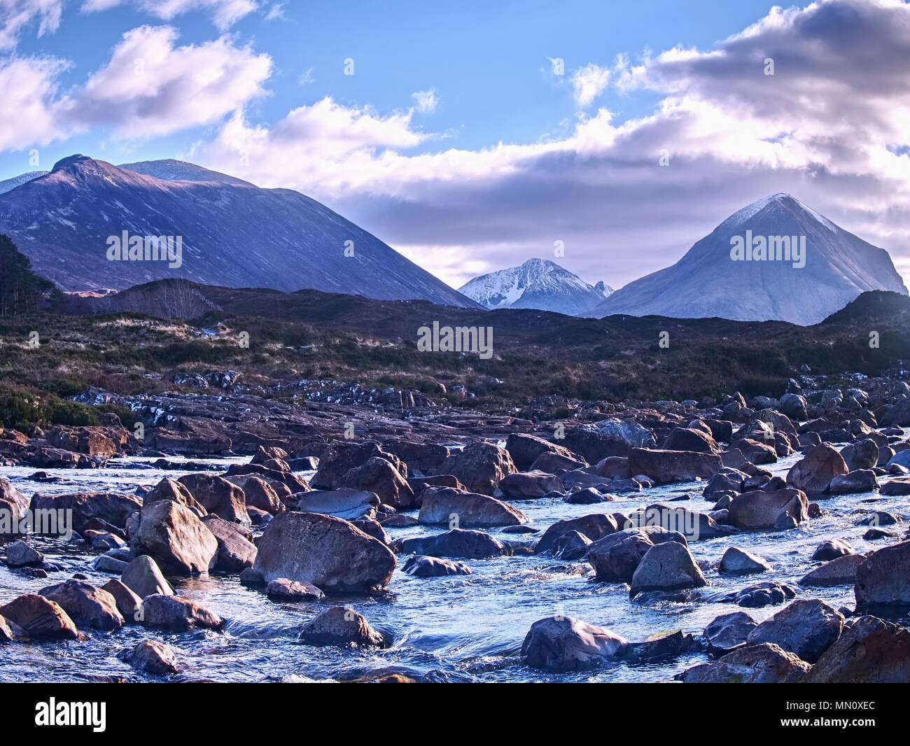 The Cuillins Isle of Skye seen from Sligachan. Hills and mountains with ...