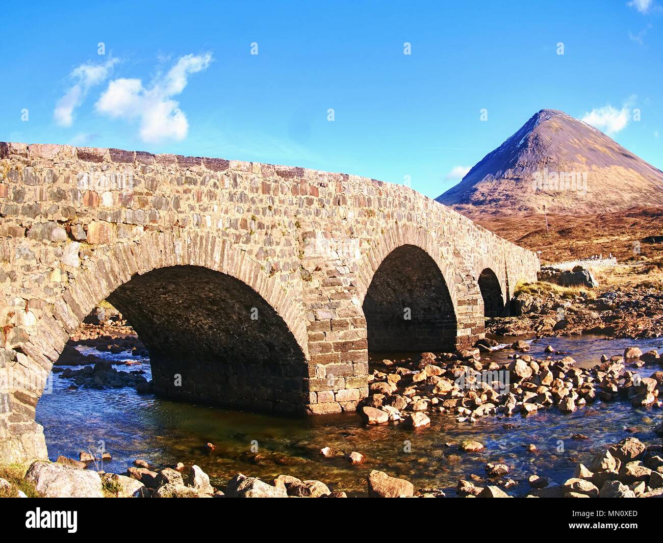 On the way to Scottish Highlands Springtime. Old vintage stony bridge ...