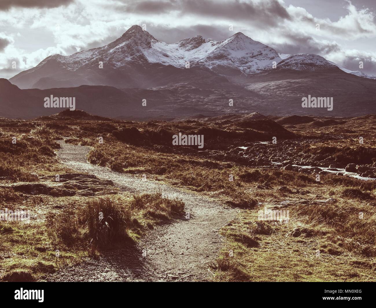 The Cuillins Isle of Skye seen from Sligachan. Hills and mountains with ...