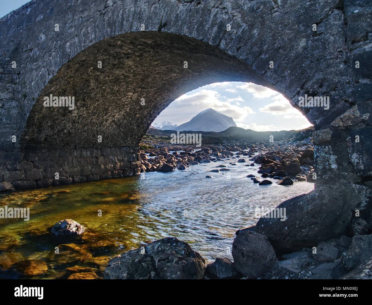 On the way to Scottish Highlands Springtime. Old vintage stony bridge ...