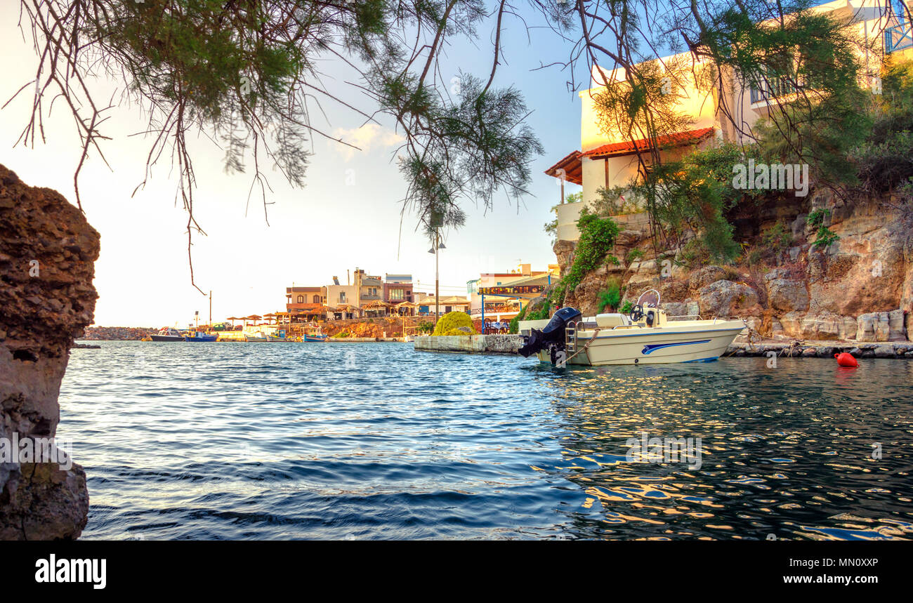 A nice spring view of the old harbor of traditional village Sisi, Crete ...