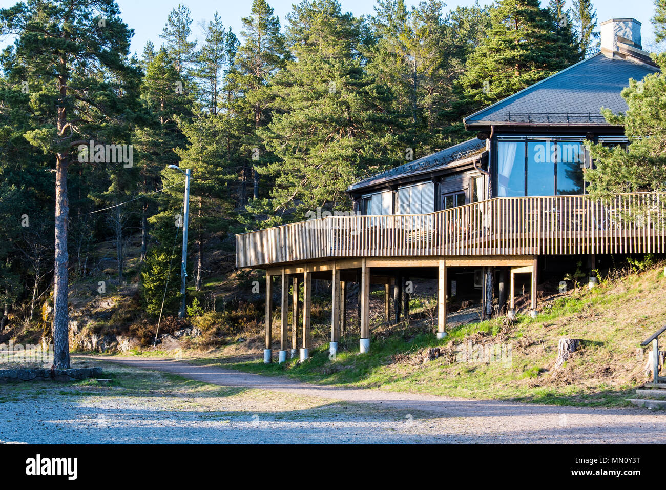 Modern design wooden house on top of a mountain surrounded by trees ...