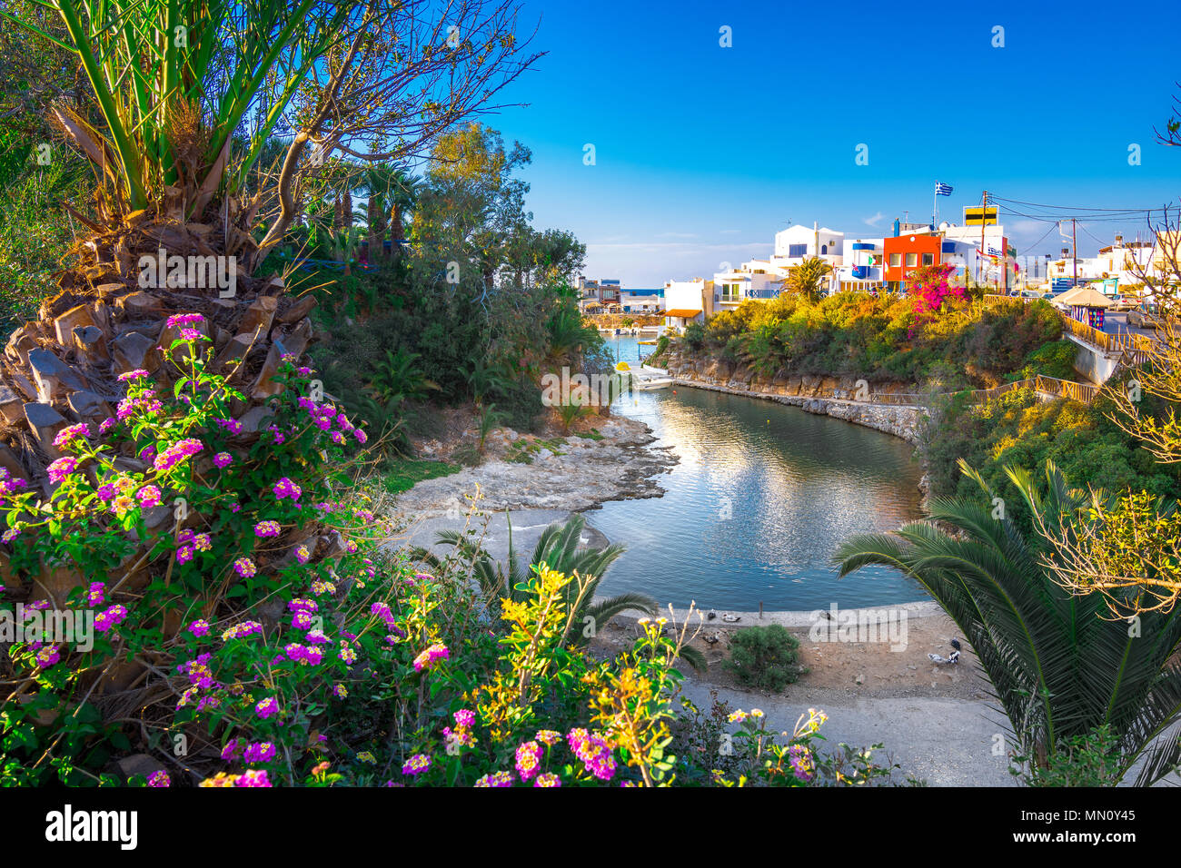 A nice spring view of the old harbor of traditional village Sisi, Crete ...