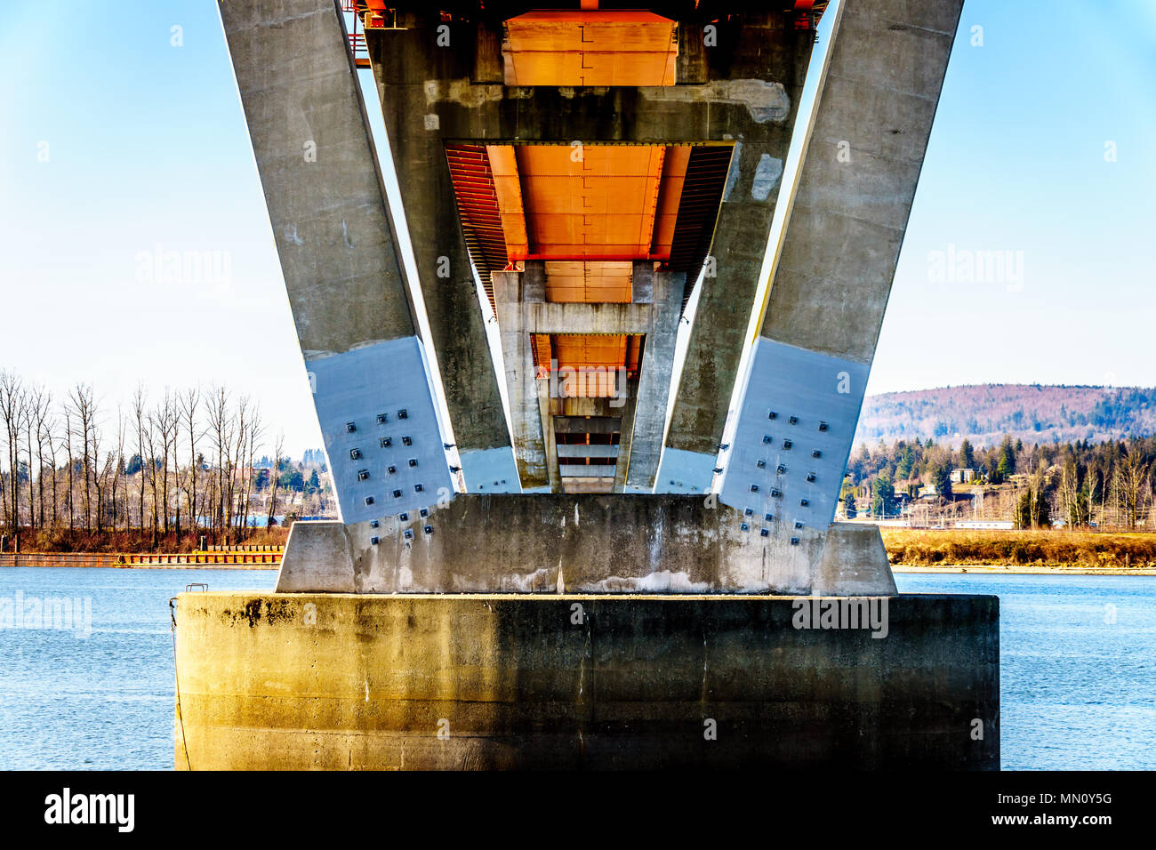 The impressive base of the Mission Bridge crossing over the mighty ...
