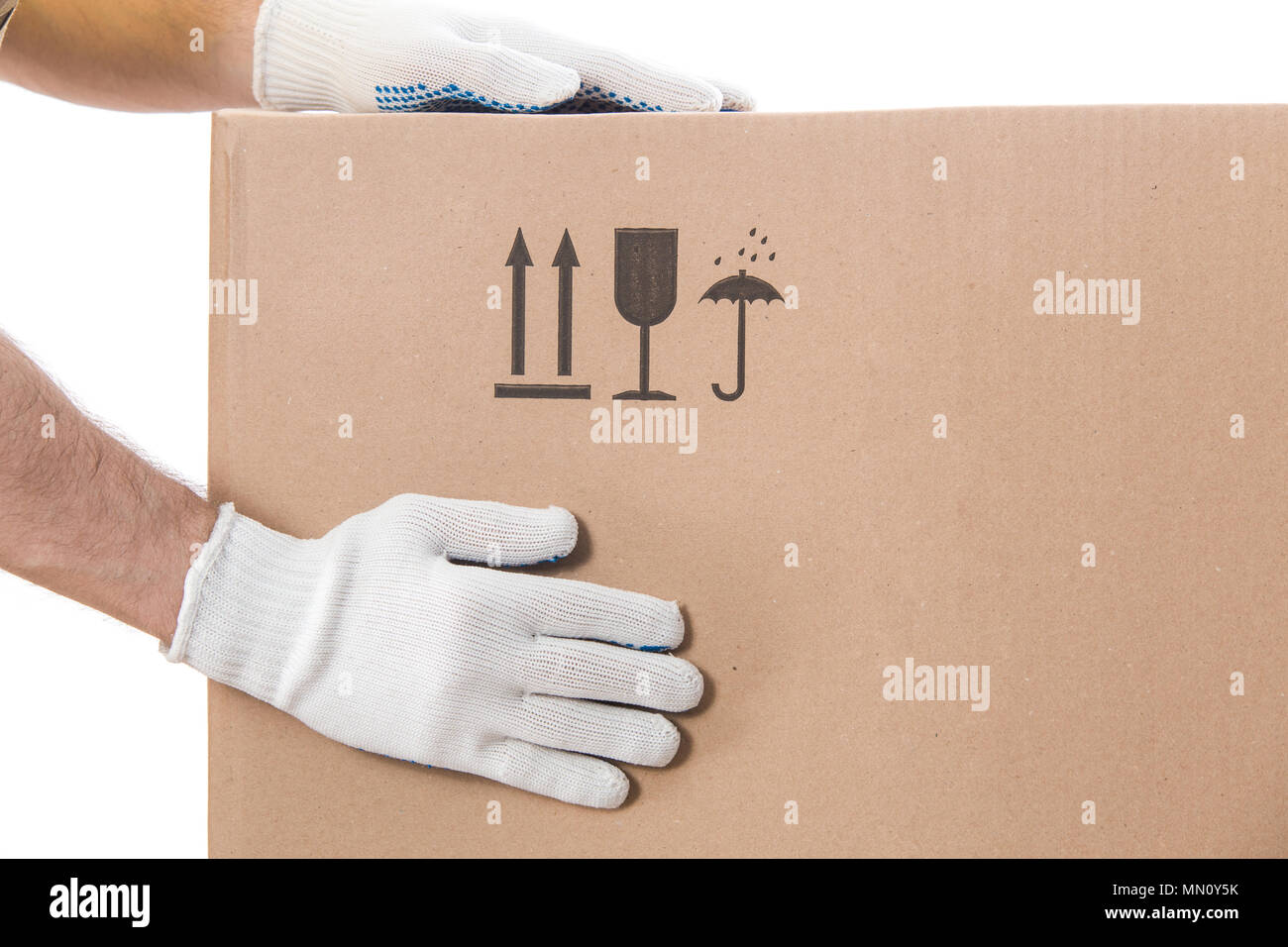 Moving things background. Hands of worker on carton box close-up on ...