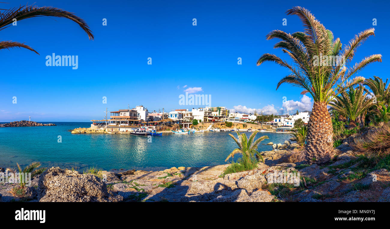 A nice spring view of the old harbor of traditional village Sisi, Crete ...