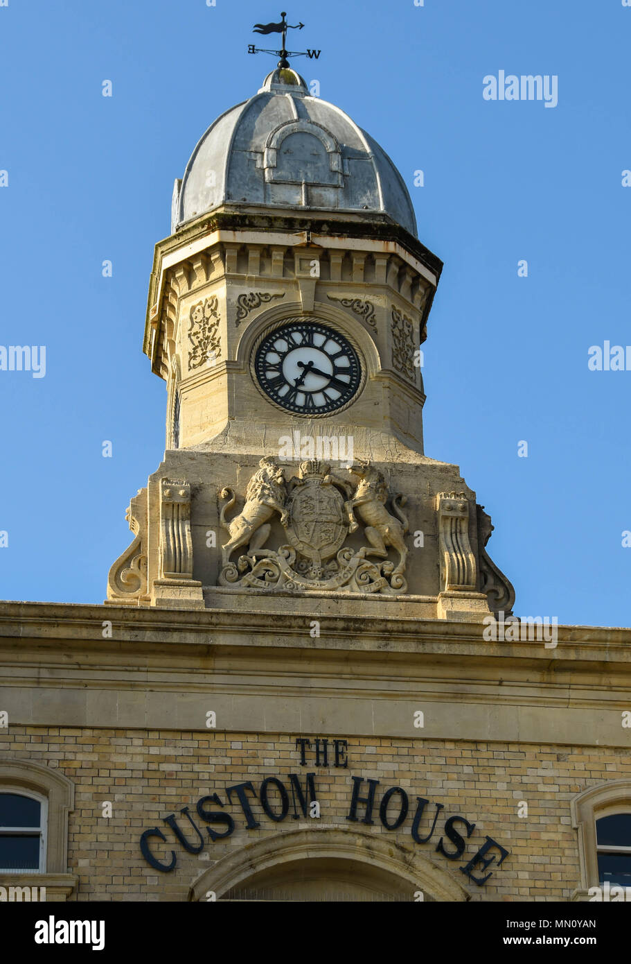 Close up view of the clock tower on the Old Custom House in Cardiff Bay ...