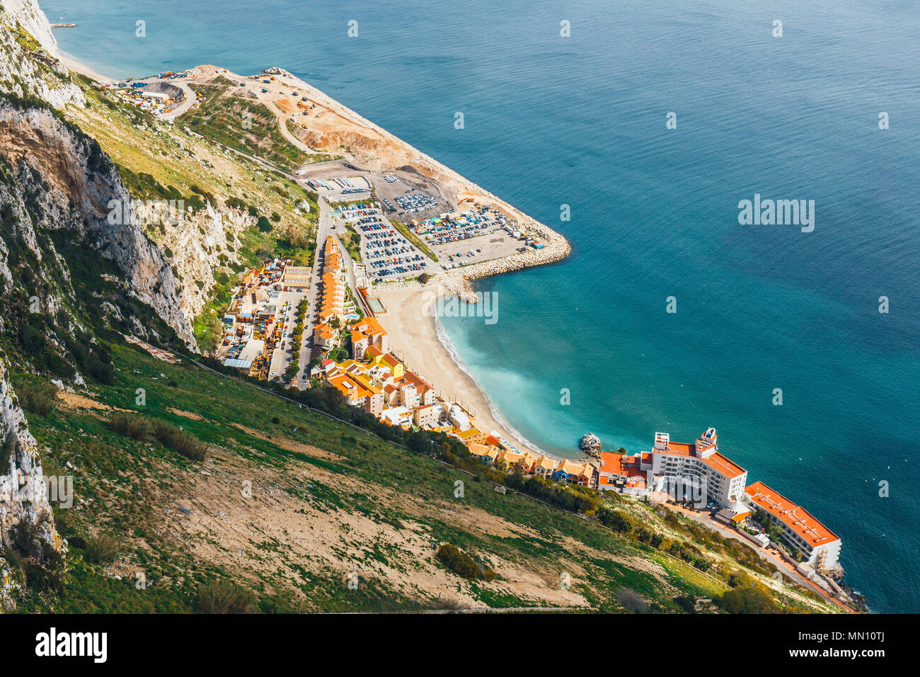 Aerial view of the coastline of Gibraltar from the top of the rock ...