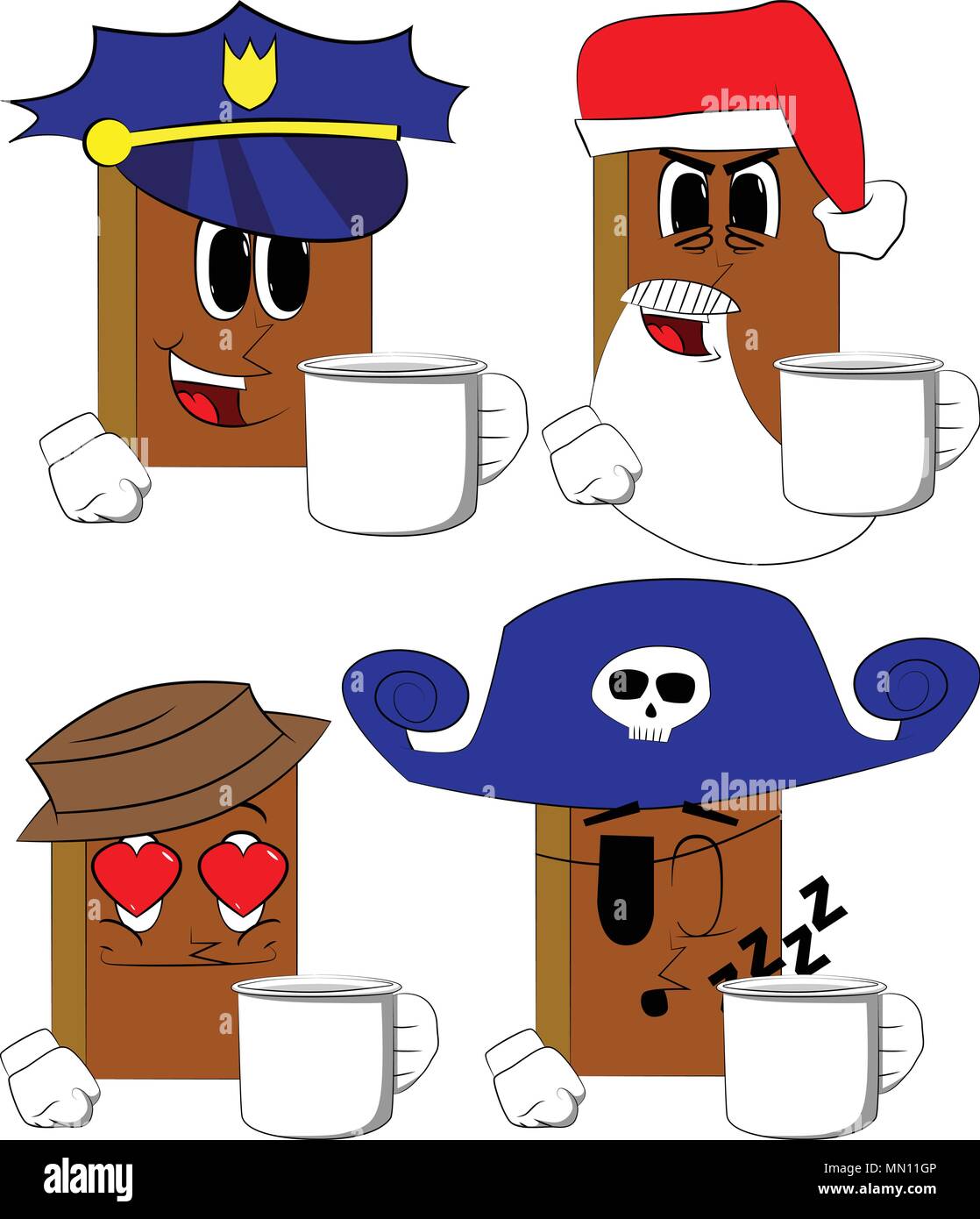 Books holding big mug. Cartoon book collection with costume faces ...