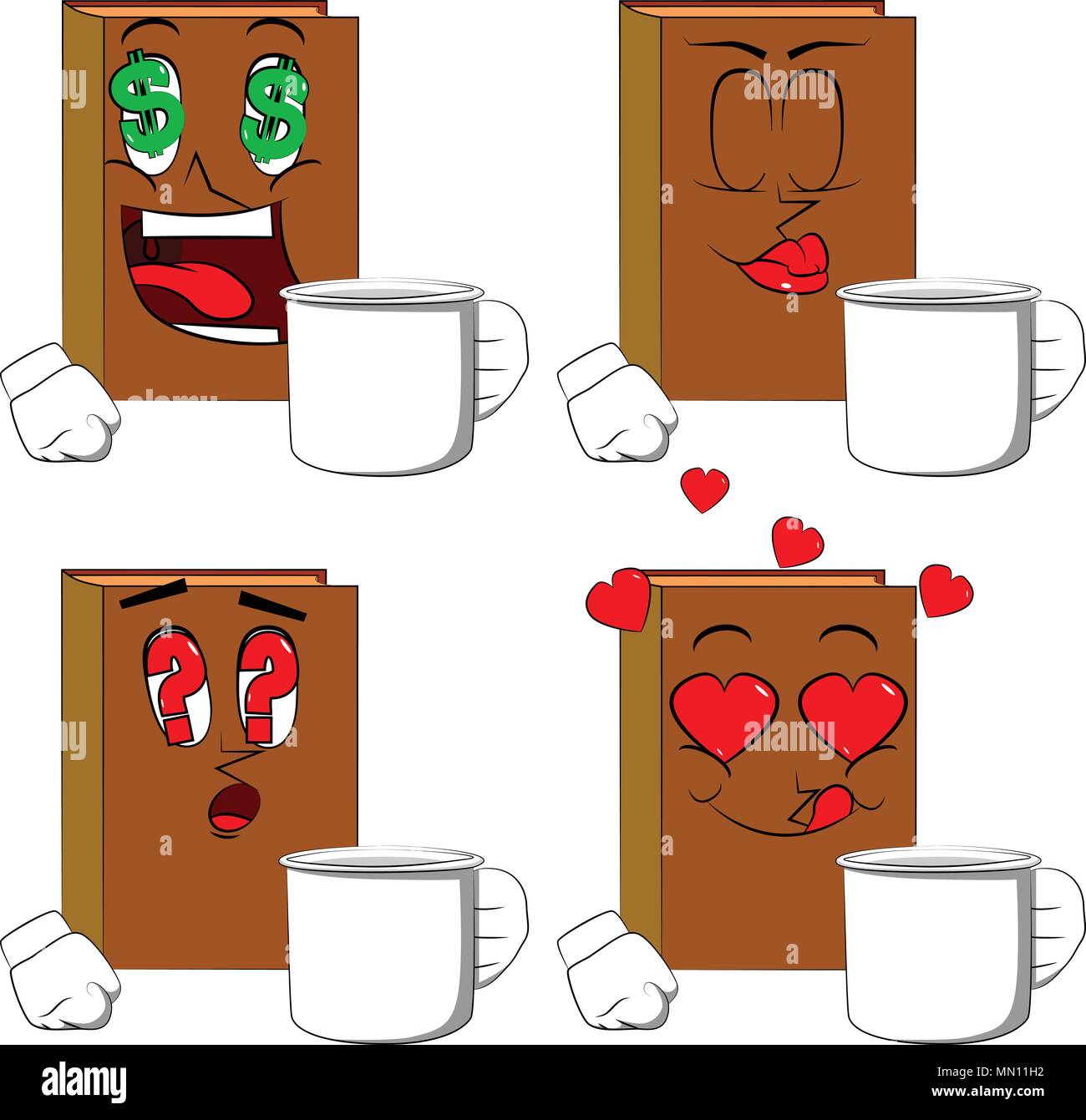Books holding big mug. Cartoon book collection with various faces ...