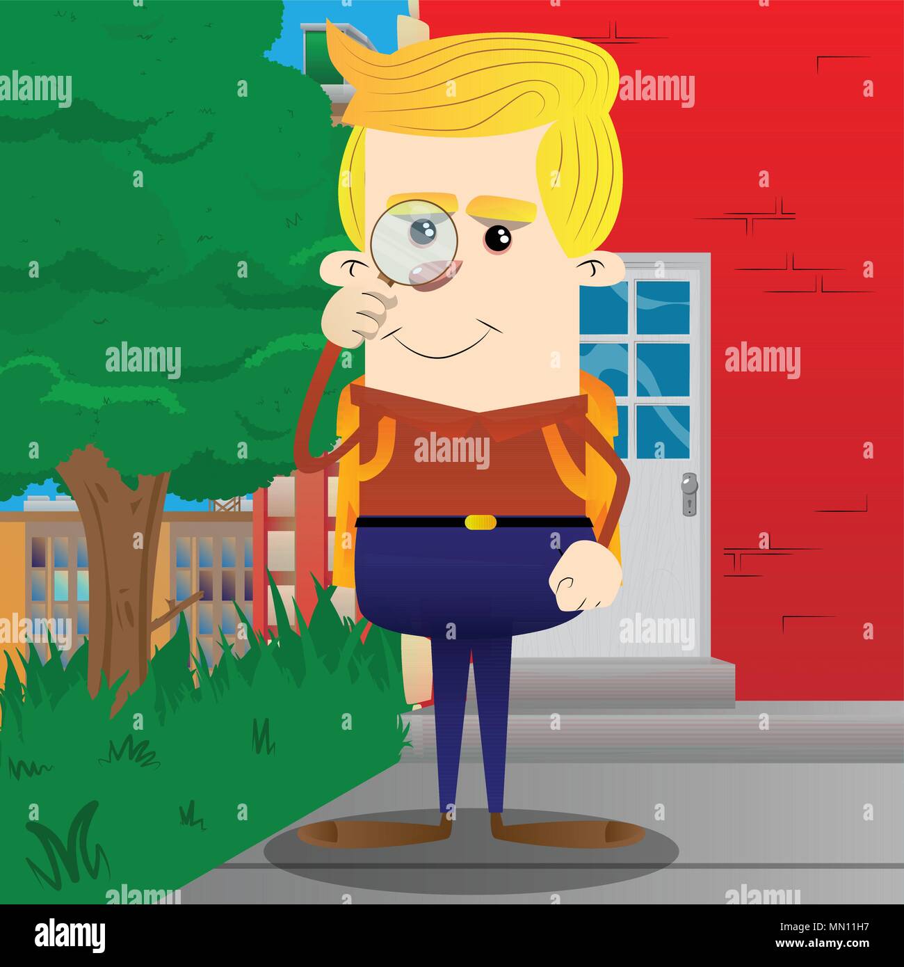 Schoolboy holding a magnifying glass. Vector cartoon character ...