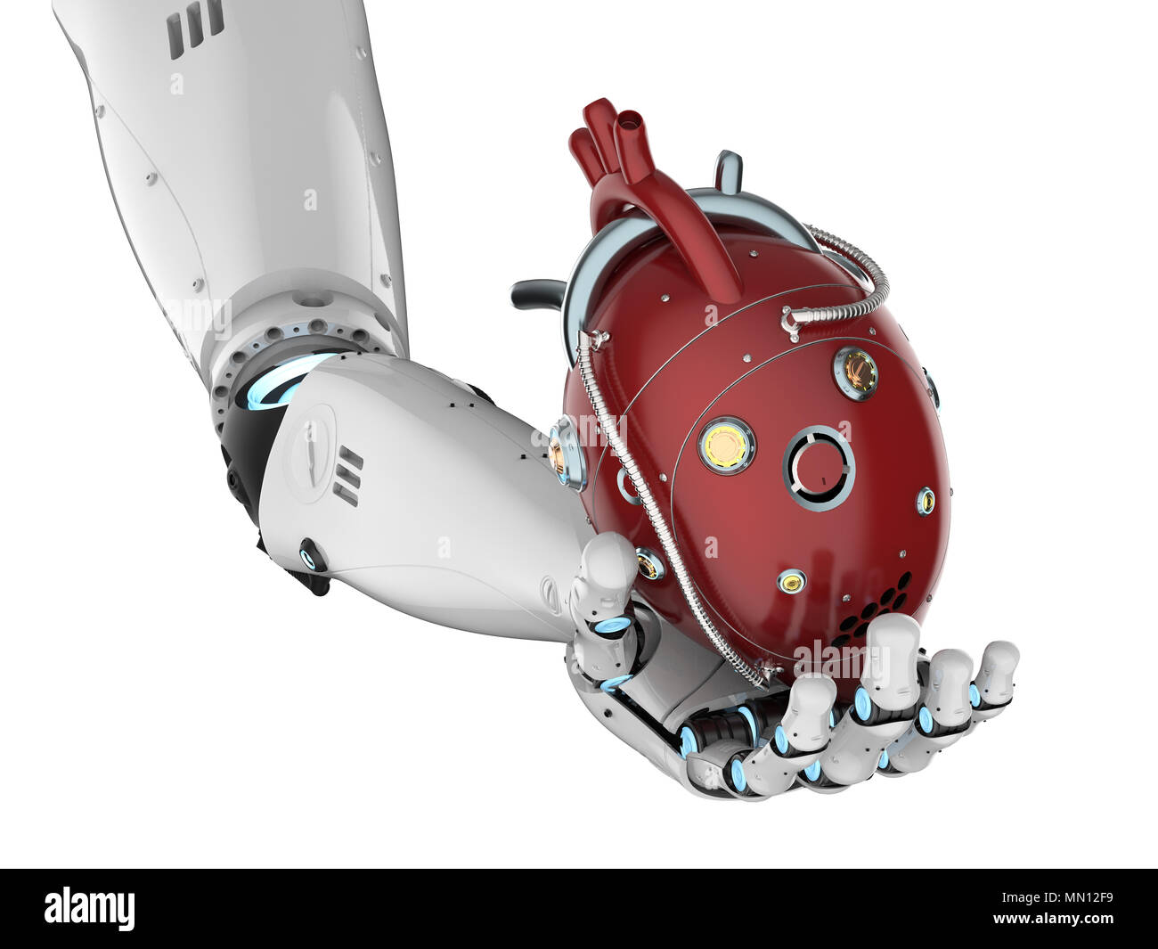 3d rendering robot hand holding red robotic heart isolated on white ...