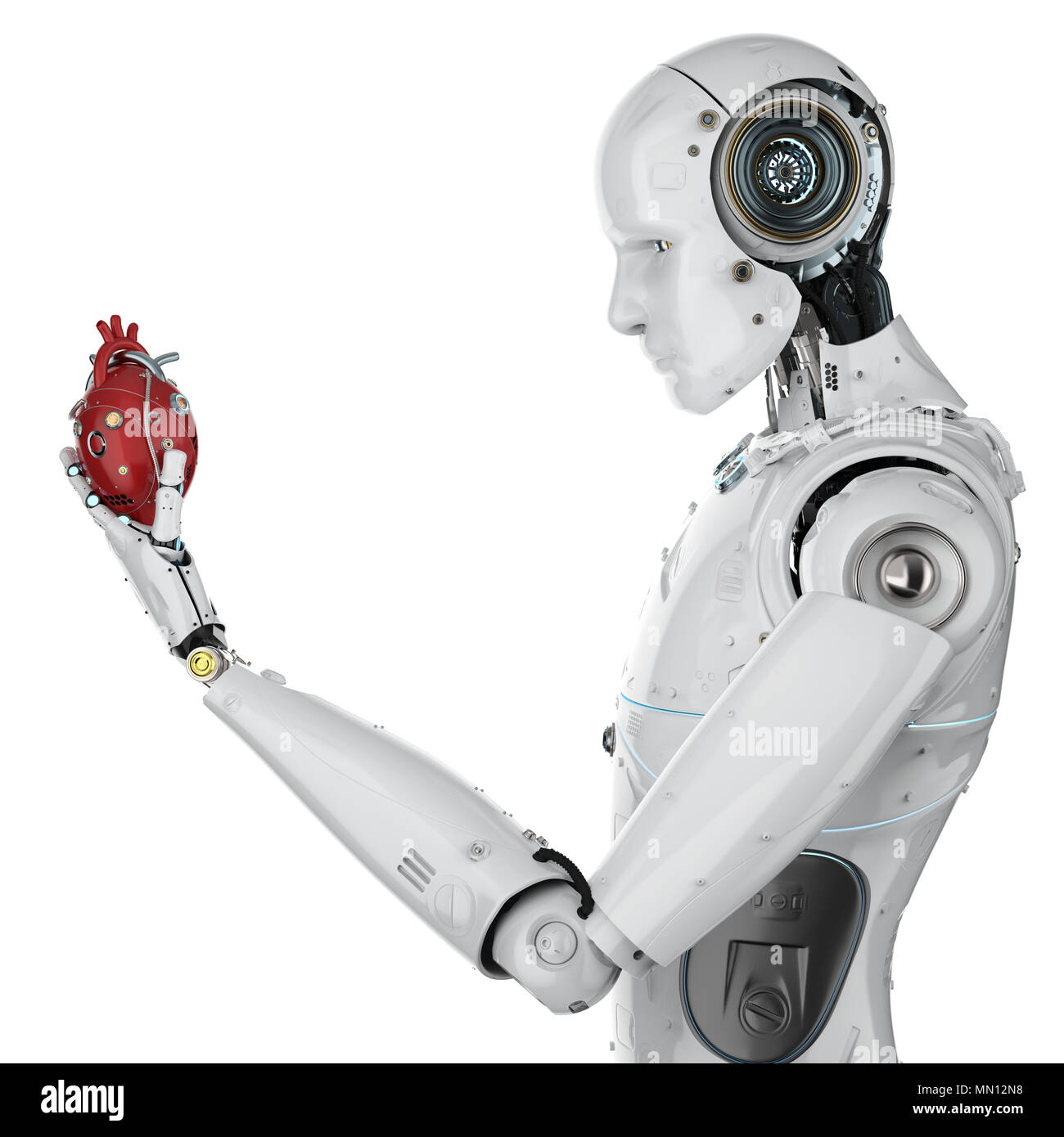 3d rendering robot hand holding red robotic heart isolated on white ...
