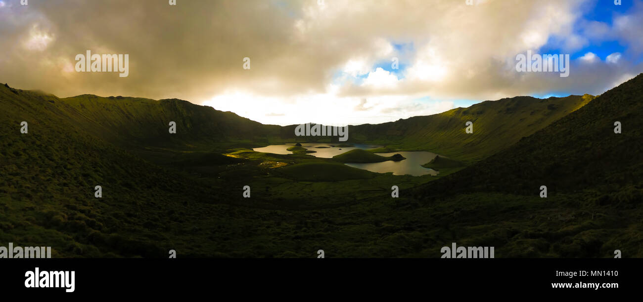 Landscape sunset view to Caldeirao crater at Corvo island, Azores ...
