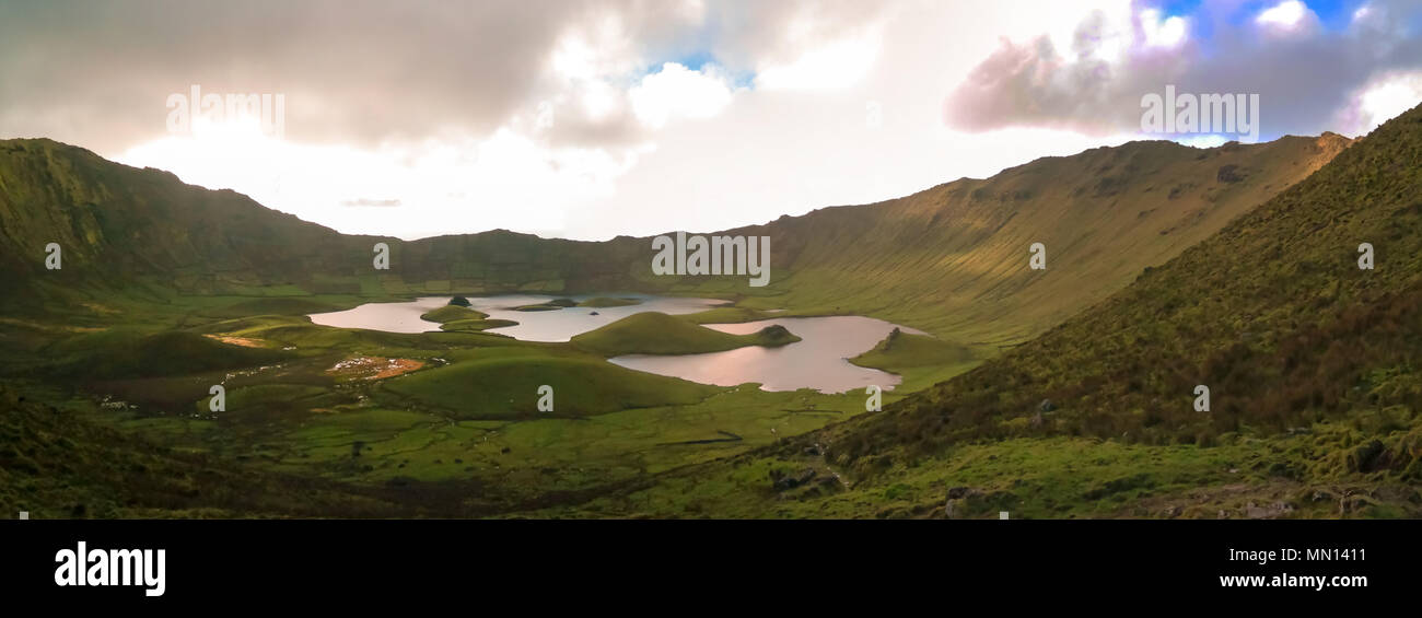 Landscape sunset view to Caldeirao crater at Corvo island, Azores ...