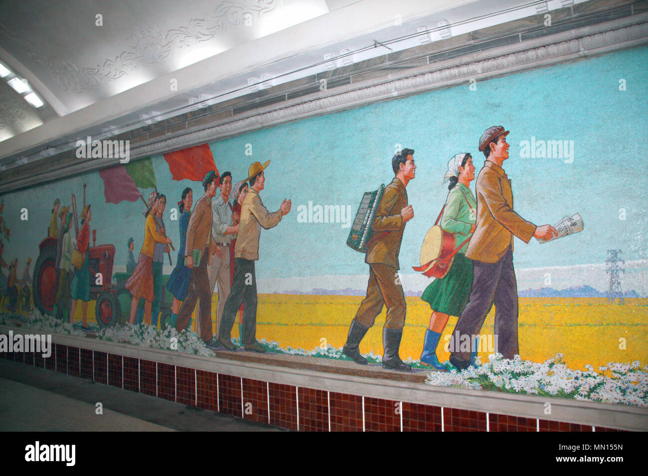 NORTH KOREA, PYONGYANG - SEPTEMBER 14, 2017: Mosaic in the subway ...