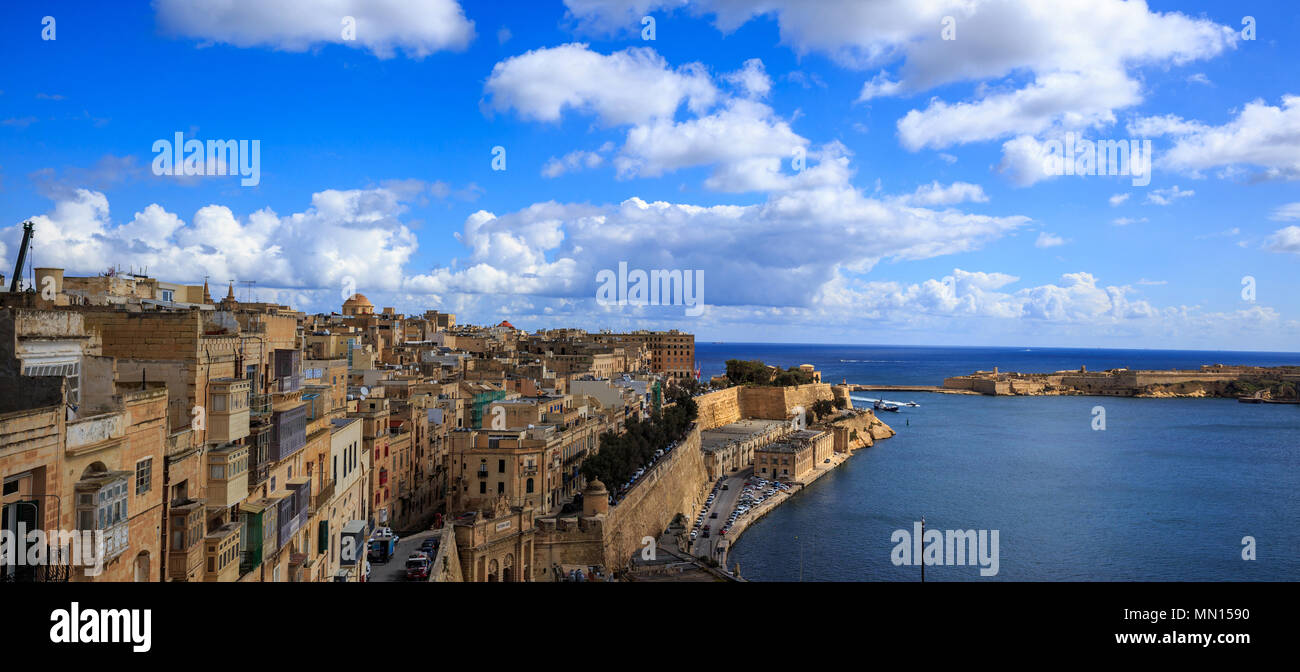 Malta, Valletta. Grand harbour in mediterranean. Blue sea and blue sky ...