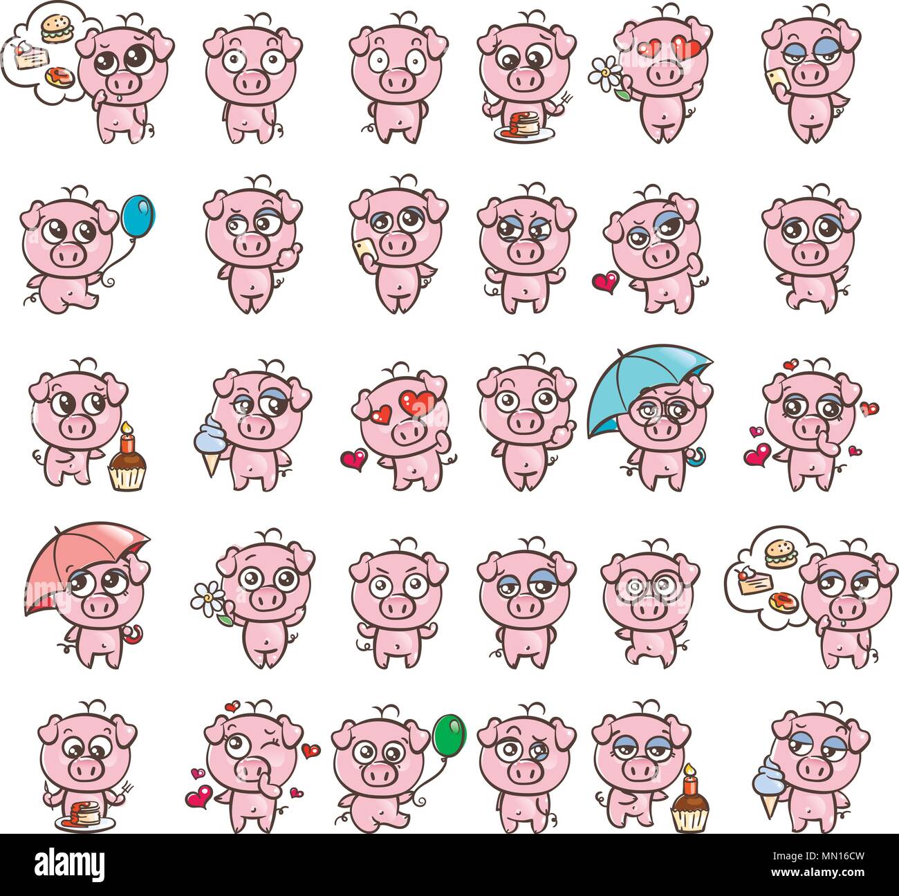 Collection of cutest pig character icon set with different emotions ...