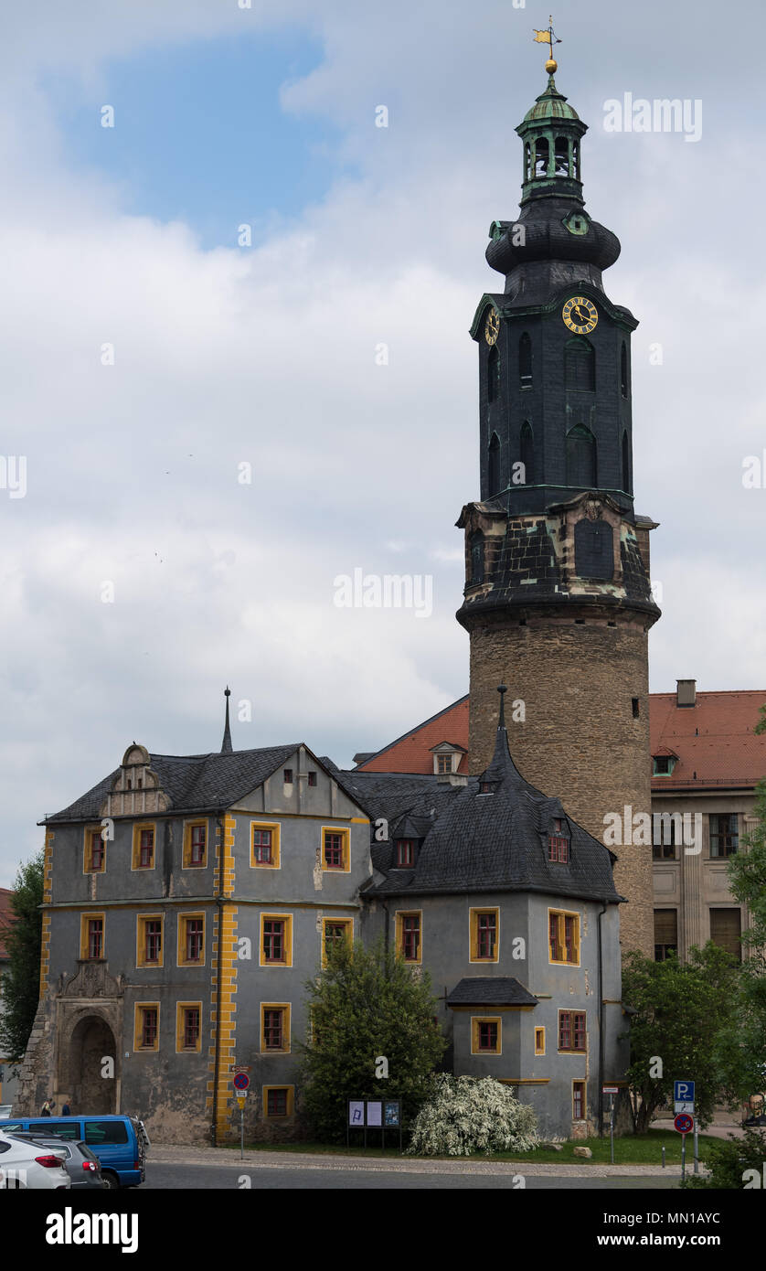 11 May 2018, Germany, Weimar: The tower of the Schloss Weimar and the ...