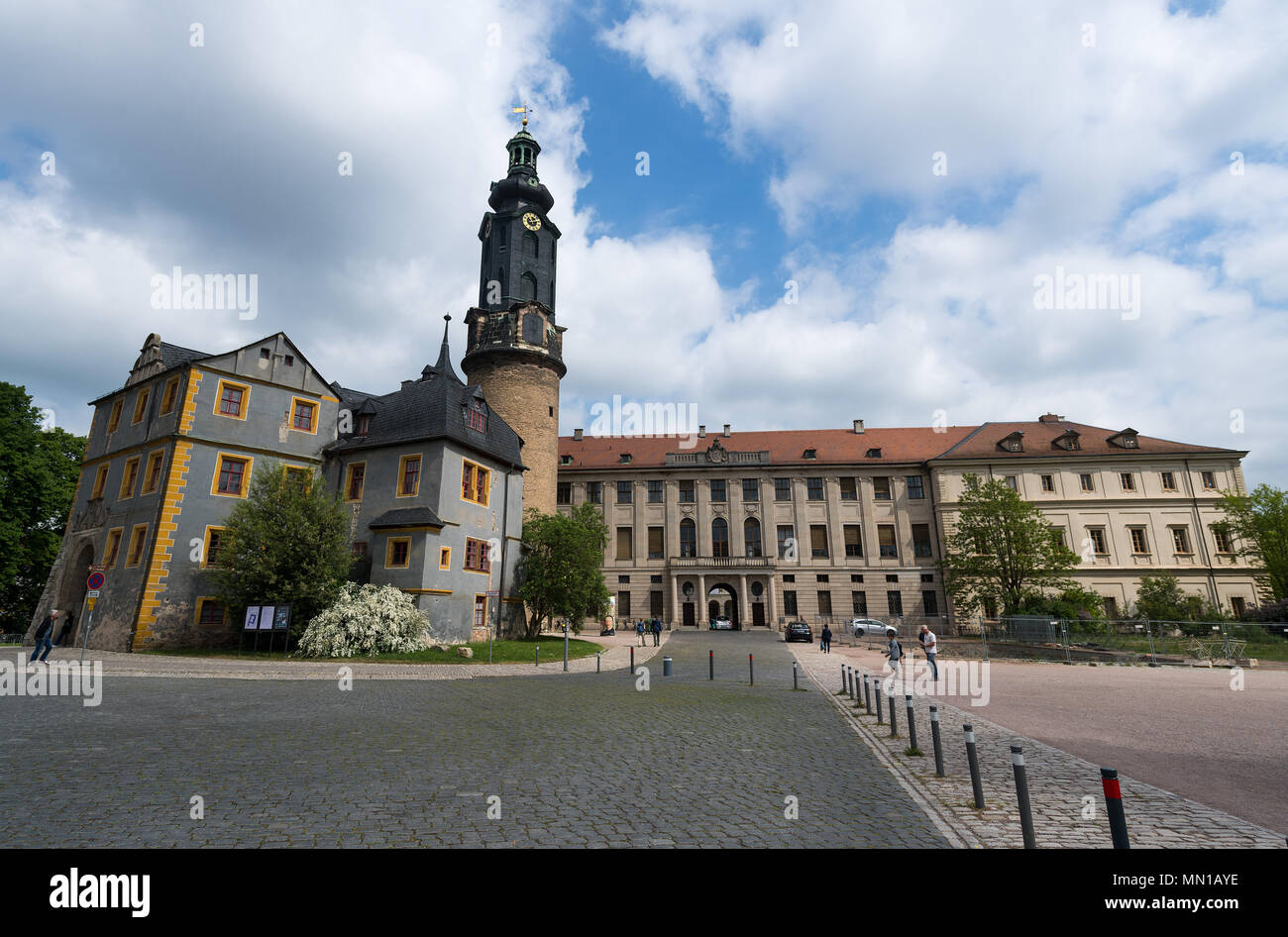 11 May 2018, Germany, Weimar: The Schloss Weimar (R) with the palace's ...