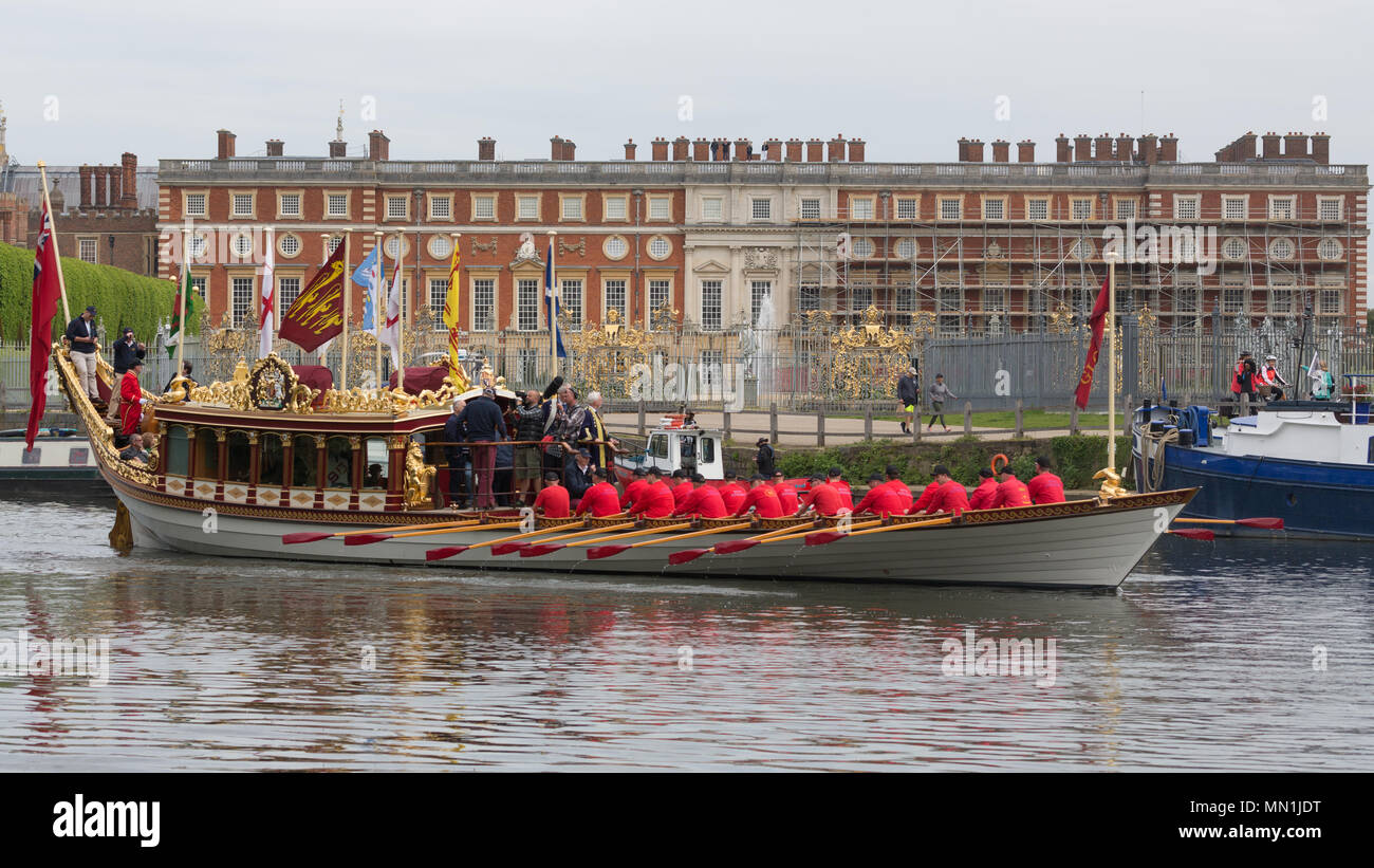 Queen's row barge Gloriana on the River Thames in the Tudor Pull 2018 ...