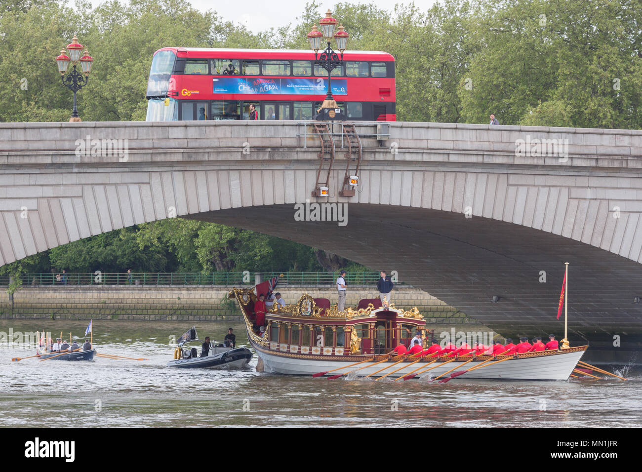Queen's row barge Gloriana on the River Thames in the Tudor Pull 2018 ...