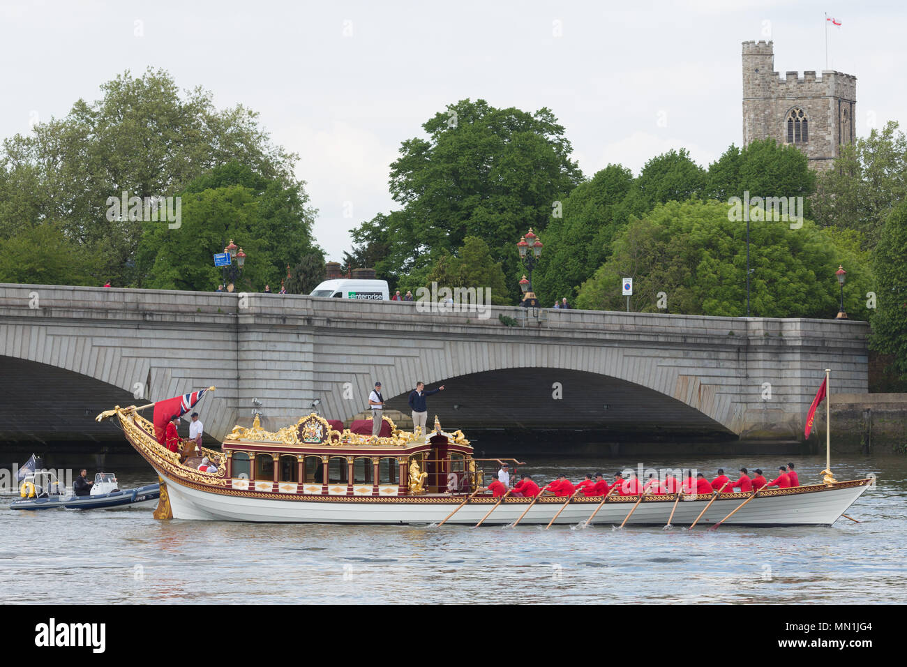 Queen's row barge Gloriana on the River Thames in the Tudor Pull 2018 ...