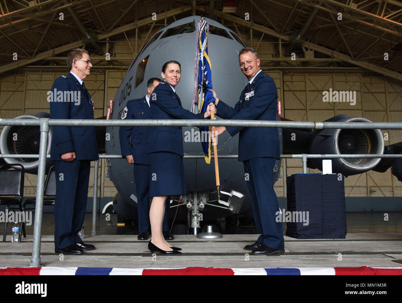 Col. Denise Donnell receives the 105th Airlift Wing guidon from Maj ...