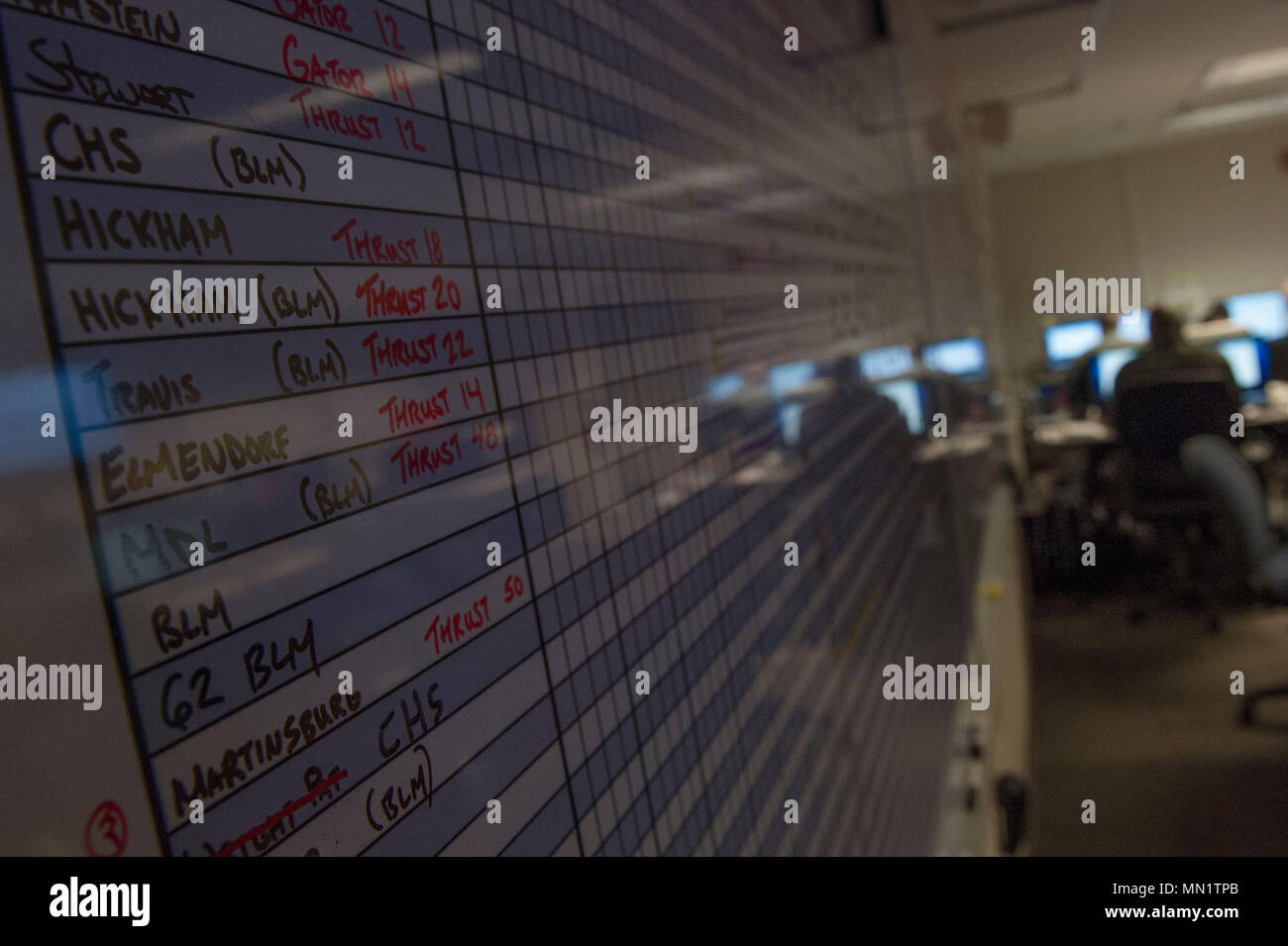A board is filled in with the aircraft flying schedule for Exercise ...