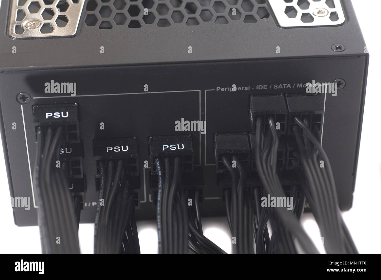 Computer Power Supply Unit with cable isolated on white background ...