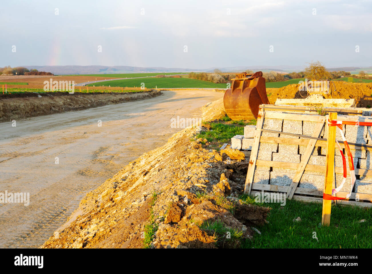 construction site of street being built on the countryside with ...