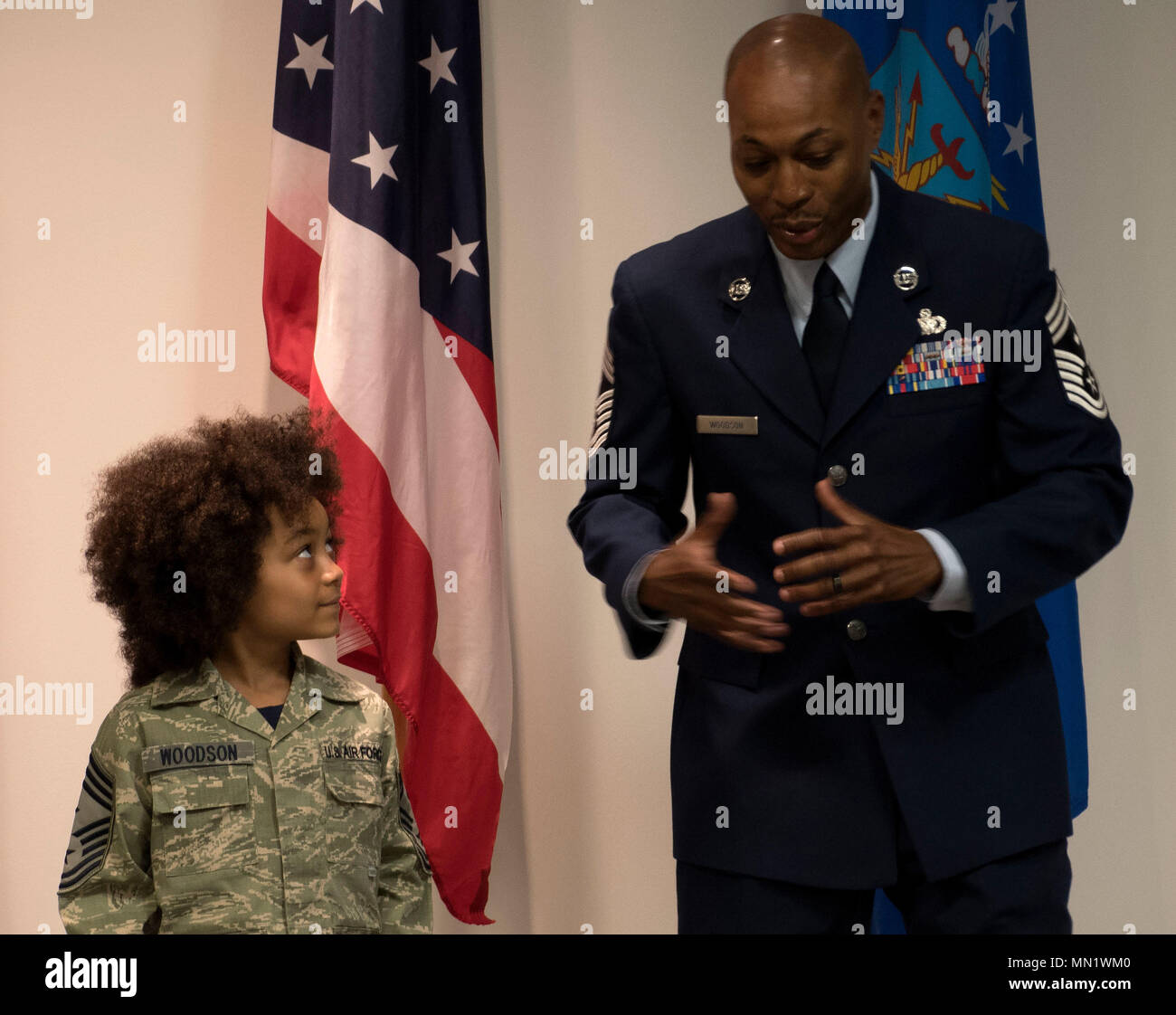 Sean Woodson, a first sergeant at the 179th Airlift Wing, gives a ...