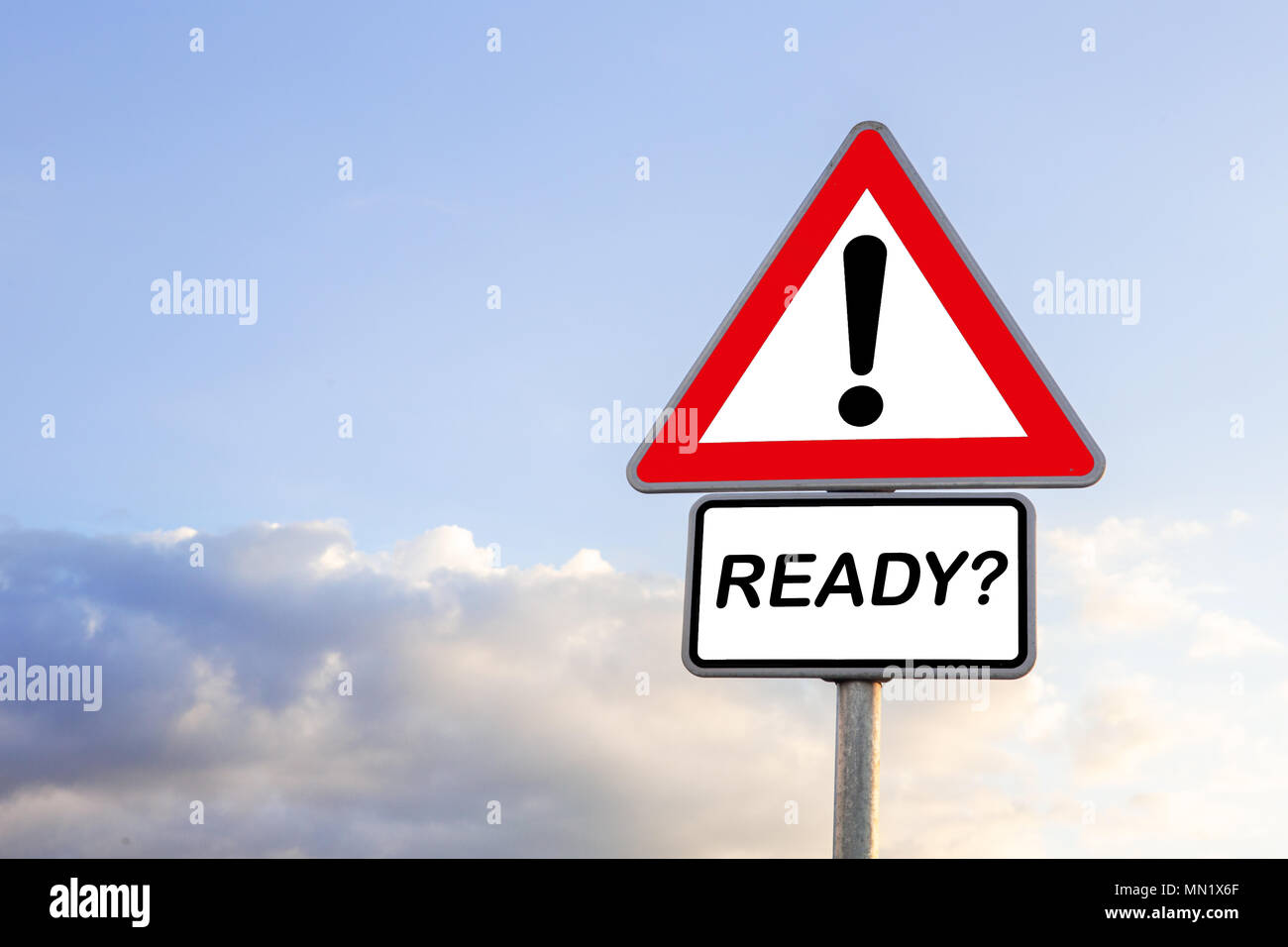 blue sky with clouds and road sign with the word Ready Stock Photo - Alamy