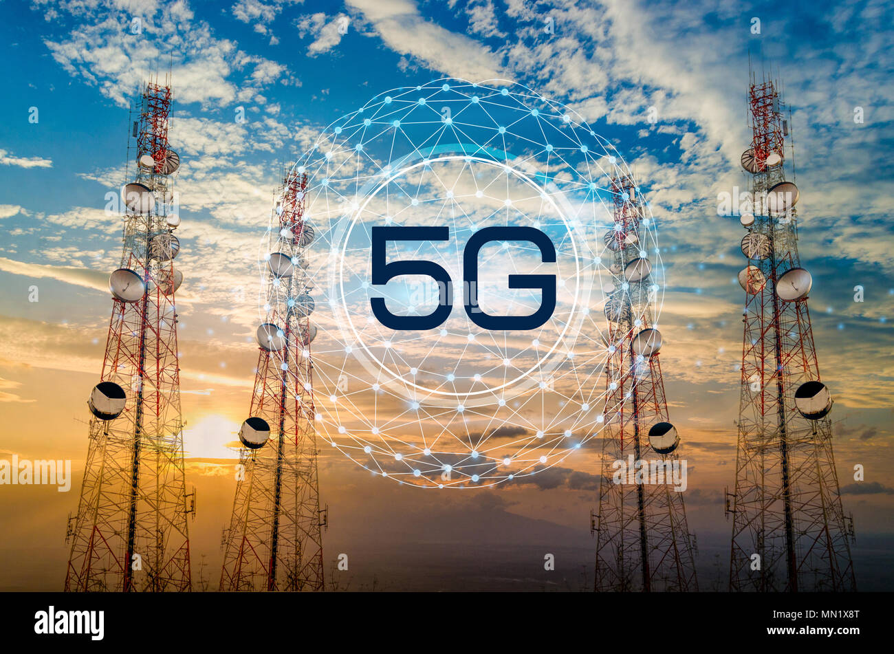 5G Telecommunication tower antenna in morning sky Evening sky Stock ...