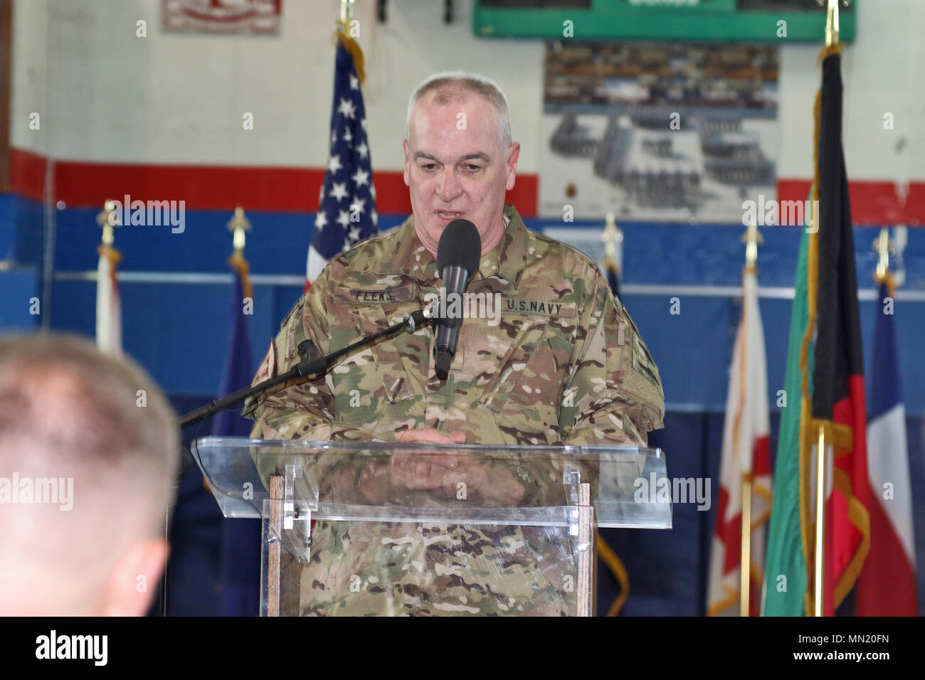 U.S. Navy retired Capt. Thomas Feeks, a gold star father, talks to ...